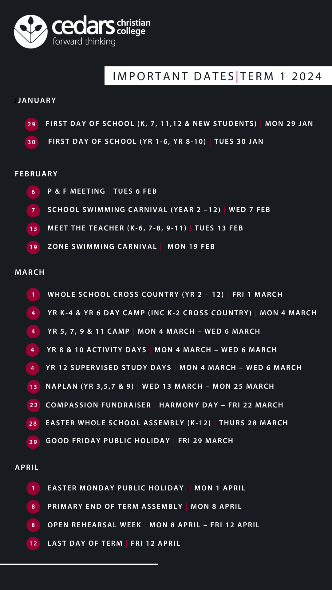 Term 1 Key Dates - Cedars Christian College | Cedars Christian College