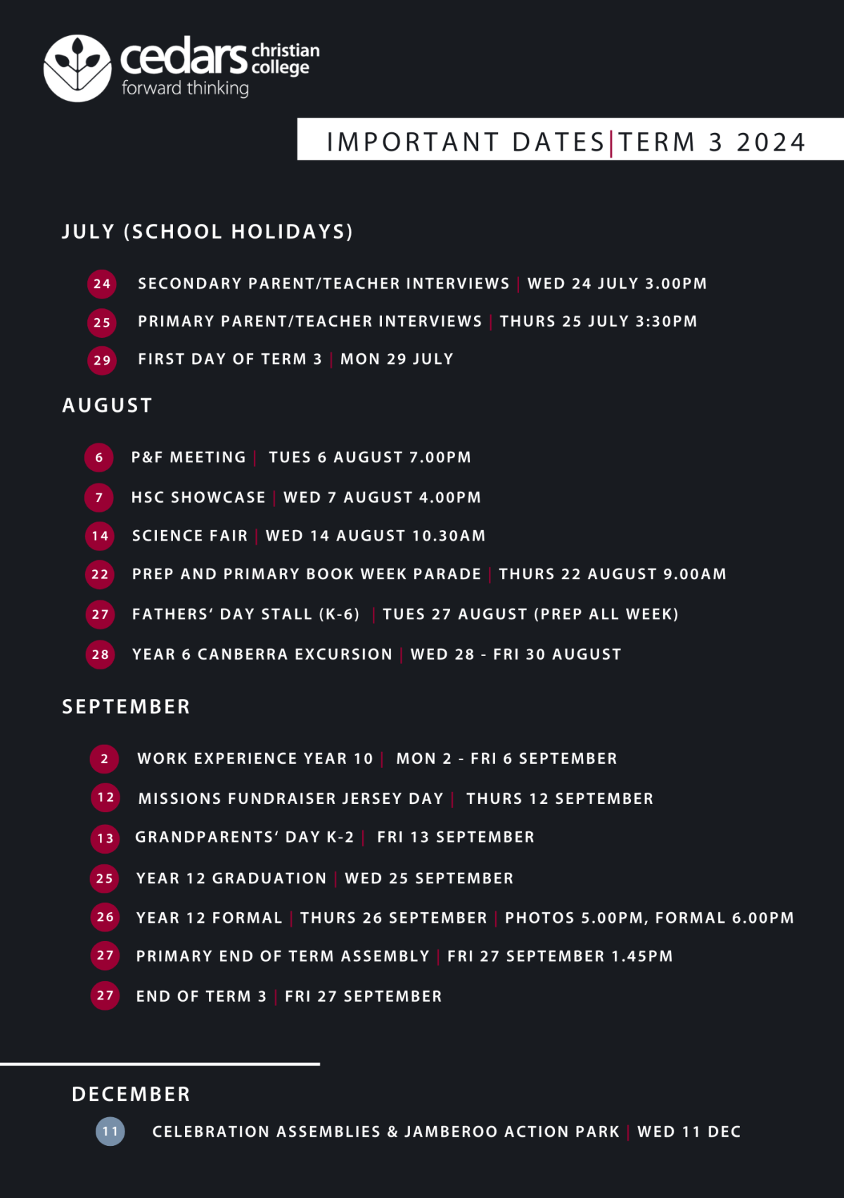 Key Dates Term 3 2024 - Cedars Christian College | Cedars Christian College